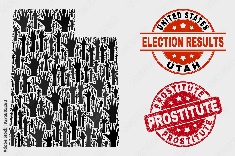 Vote Utah State map and seal stamps. Red rounded Prostitute grunge seal ...