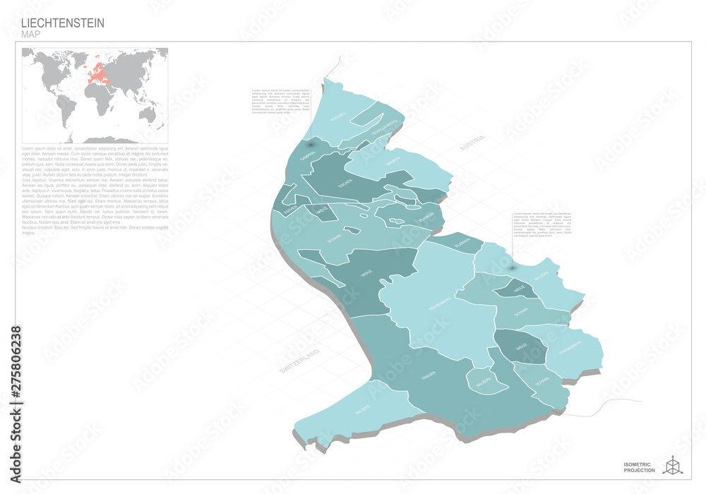 Liechtenstein map with borders, administrative divisions and pointer ...