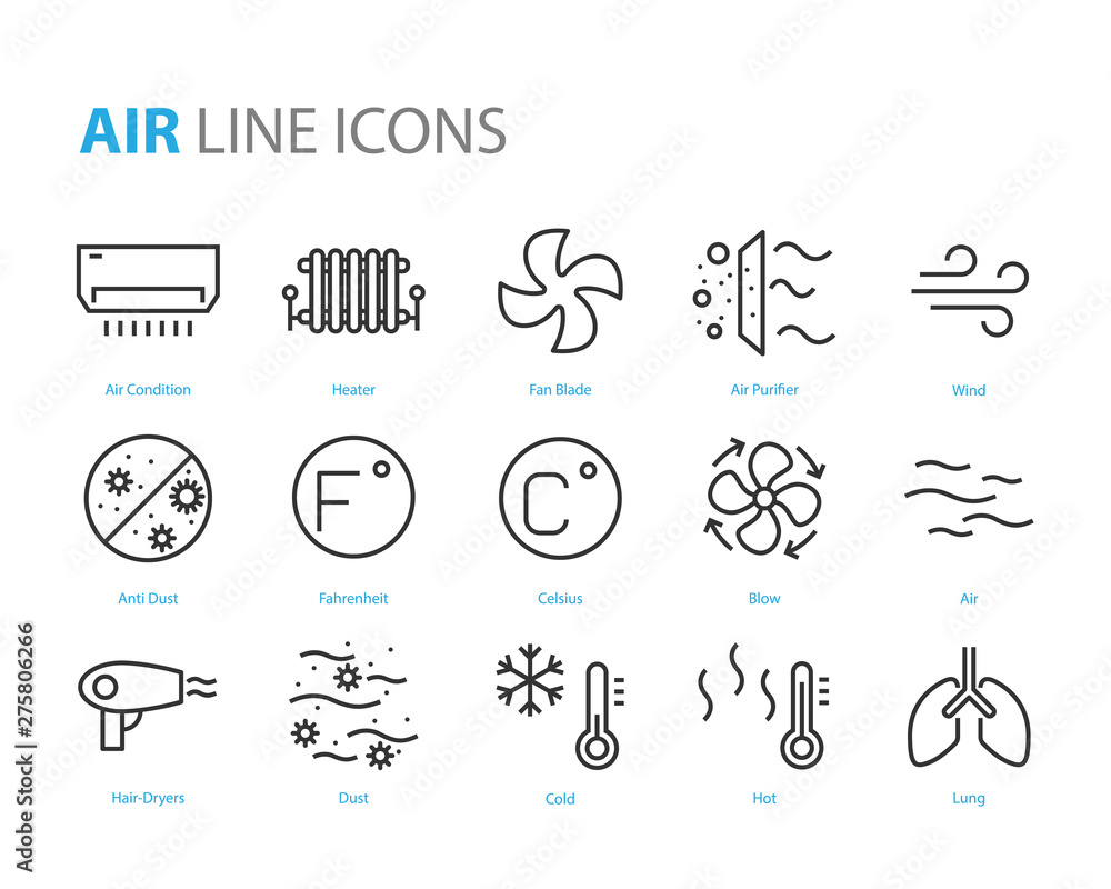 set of air icons, such as air filter, temperature, air purifier, dust ...