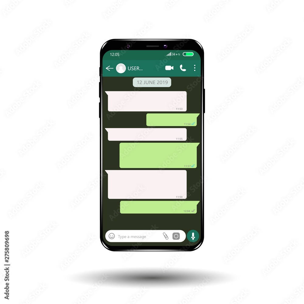 Mockup of phone with mobile messenger on screen, inspired by WhatsApp ...