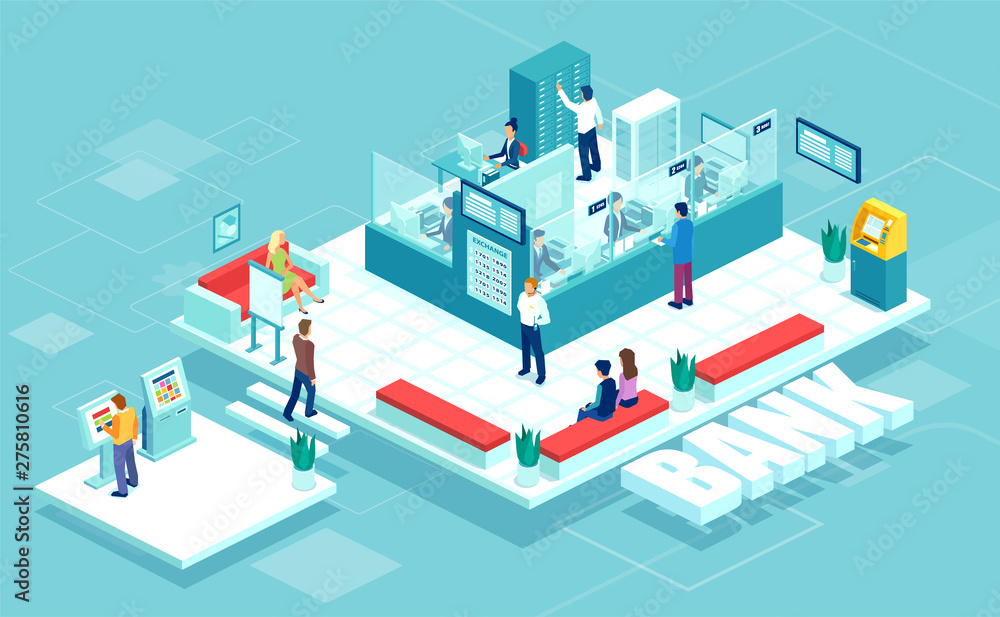 Isometric vector of bank interior branch with working employees ...