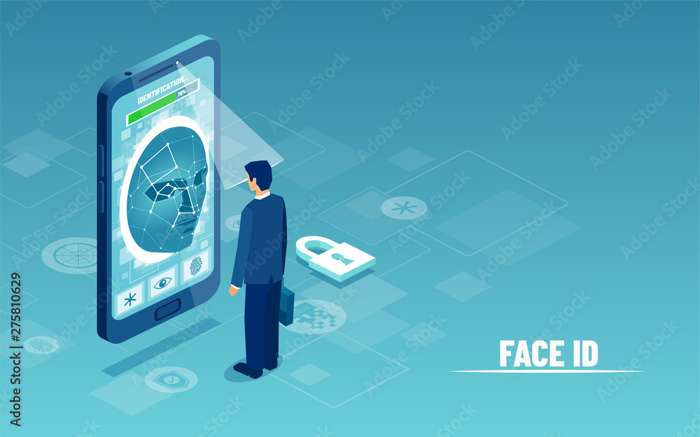 Vector of a businessman using smartphone camera scanner for personal ...