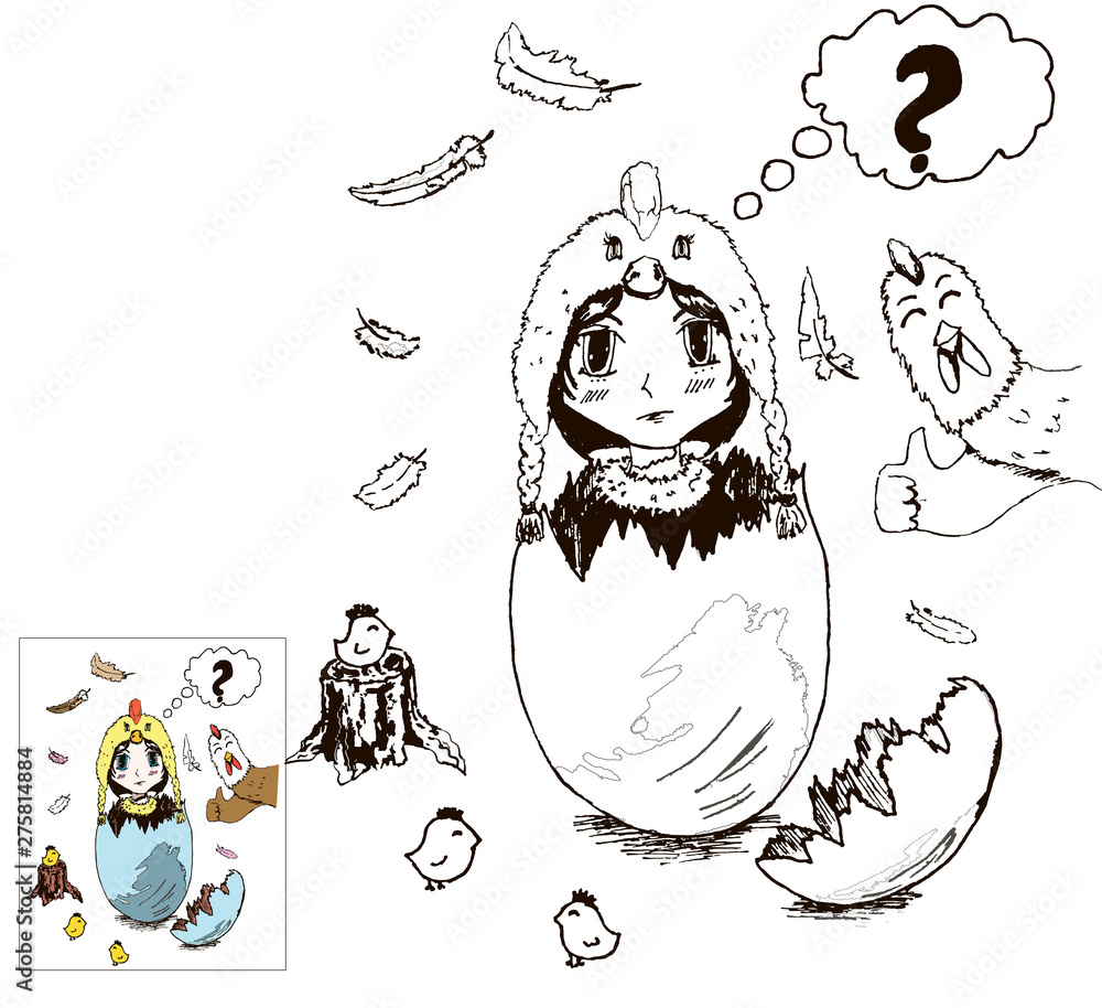 Anime character in egg shell with hens and feathers. Cartoon character ...