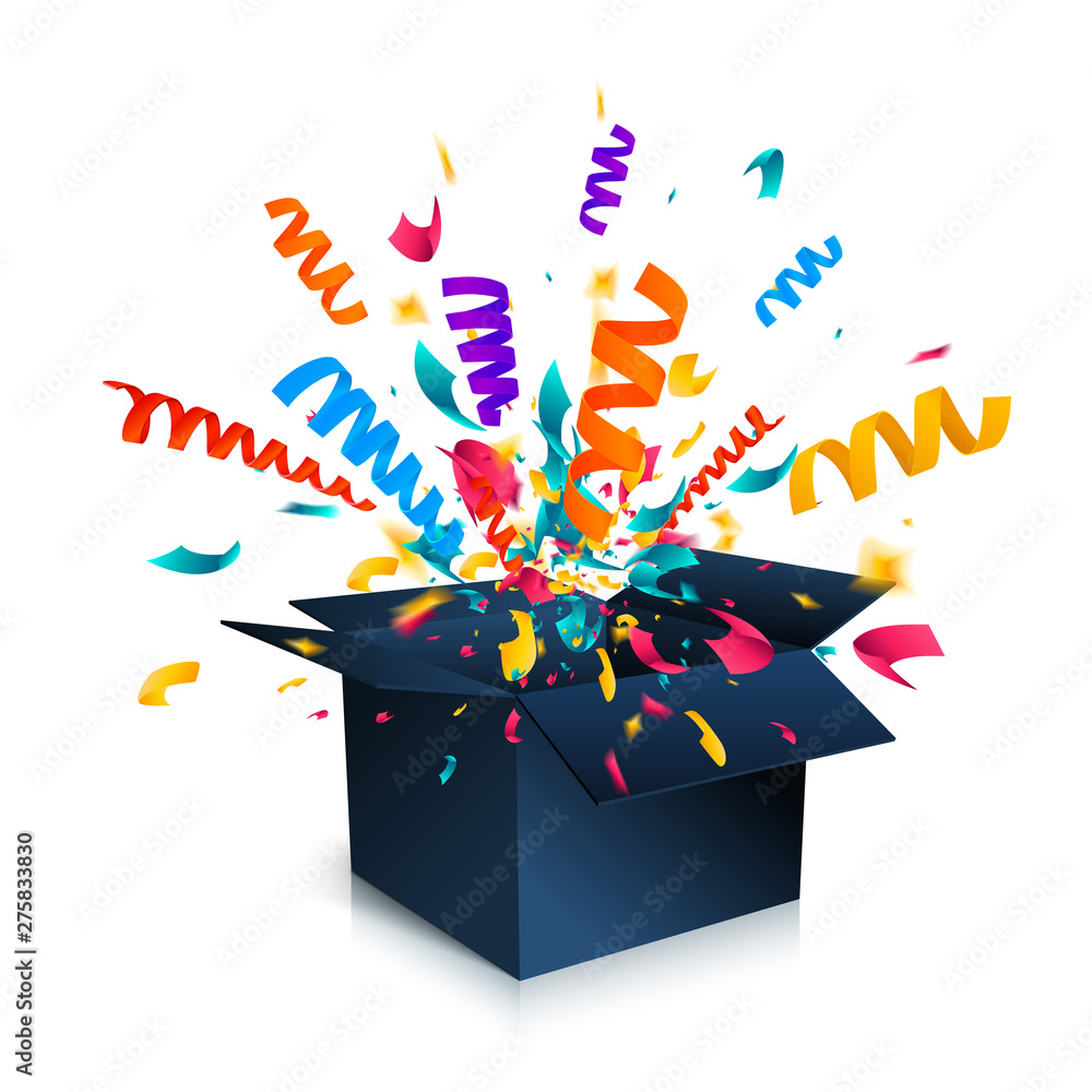 Gift box isolated on white background with confetti explosion. An open ...