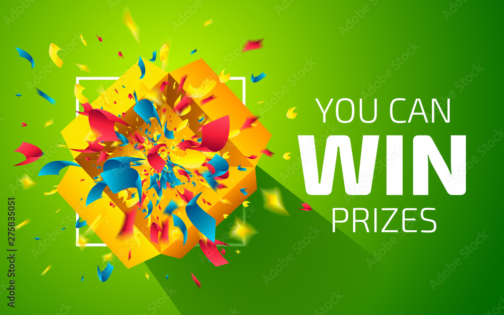 Open Yellow Box With Colorful Particles You Can Win Prizes Lottery Drawing Advertising Banner