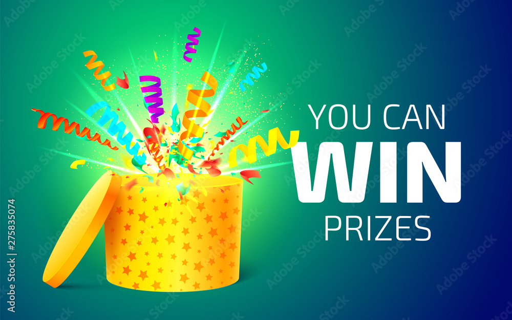 Open Yellow Box With Colorful Particles You Can Win Prizes Lottery