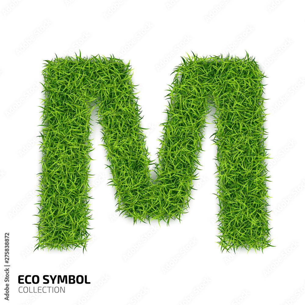 Letter of grass alphabet. Grass letter M isolated on white background. Symbol with the green ...