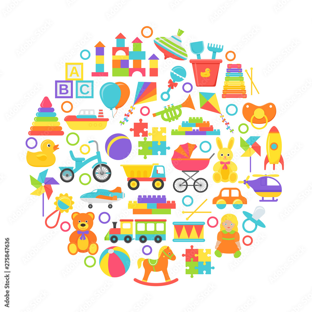 Baby toys card. Vector. Kids toy banner in circle shape. Set Baby ...