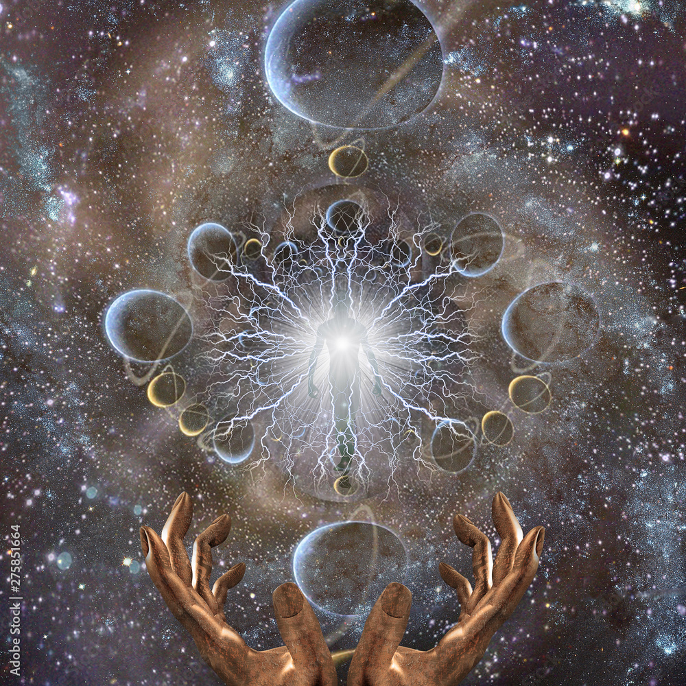 Space spirit. Being of light in deep space. Fractal of planets and ...