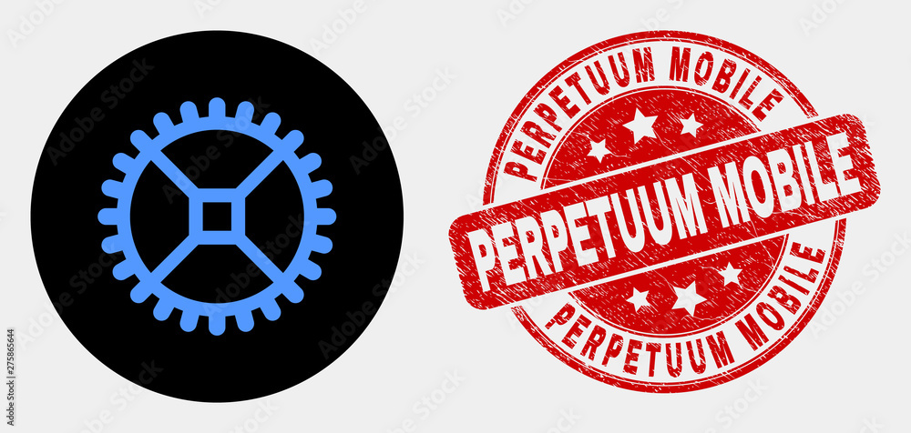 Rounded clock gear icon and Perpetuum Mobile seal stamp. Red rounded ...