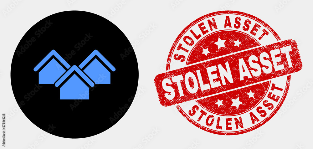 Rounded houses icon and Stolen Asset seal. Red rounded textured seal ...