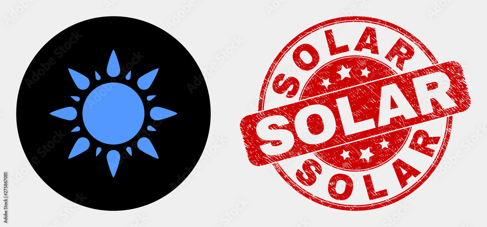 Rounded sun icon and Solar seal stamp. Red rounded scratched seal stamp ...