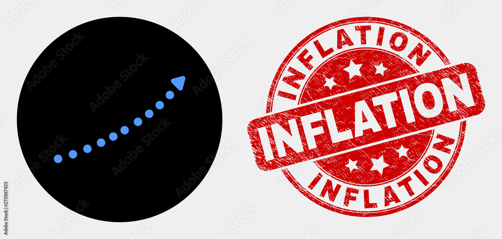 Rounded dotted up trend arrow icon and Inflation stamp. Red rounded ...