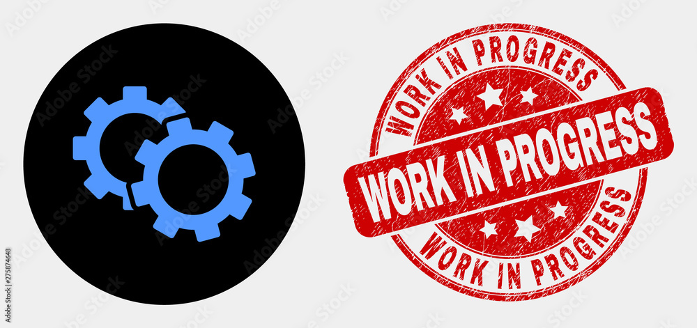 Rounded cogs icon and Work in Progress seal. Red rounded grunge seal ...