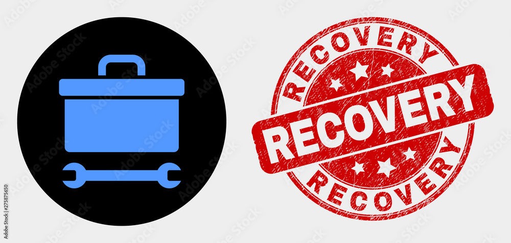 Rounded toolbox wrench icon and Recovery seal. Red rounded grunge seal ...