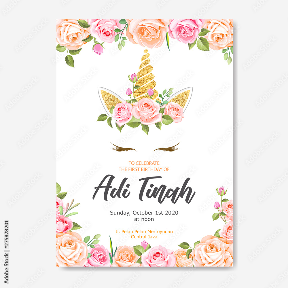 beautiful unicorn card template with floral wreath and gold glitter ...