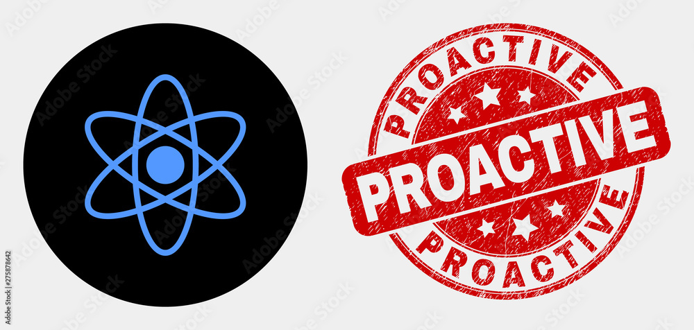 Rounded atom icon and Proactive seal stamp. Red rounded distress seal ...