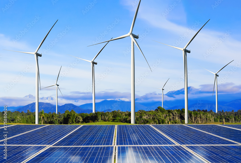 Solar energy panel photovoltaic cell and wind turbine farm power ...