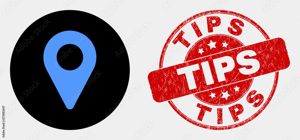 Rounded map pointer pictogram and Tips seal stamp. Red rounded textured ...