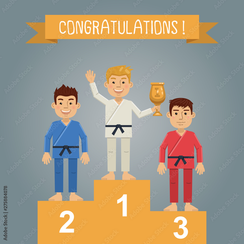 Illustration of an award ceremony. Cheerful martial artist standing ...