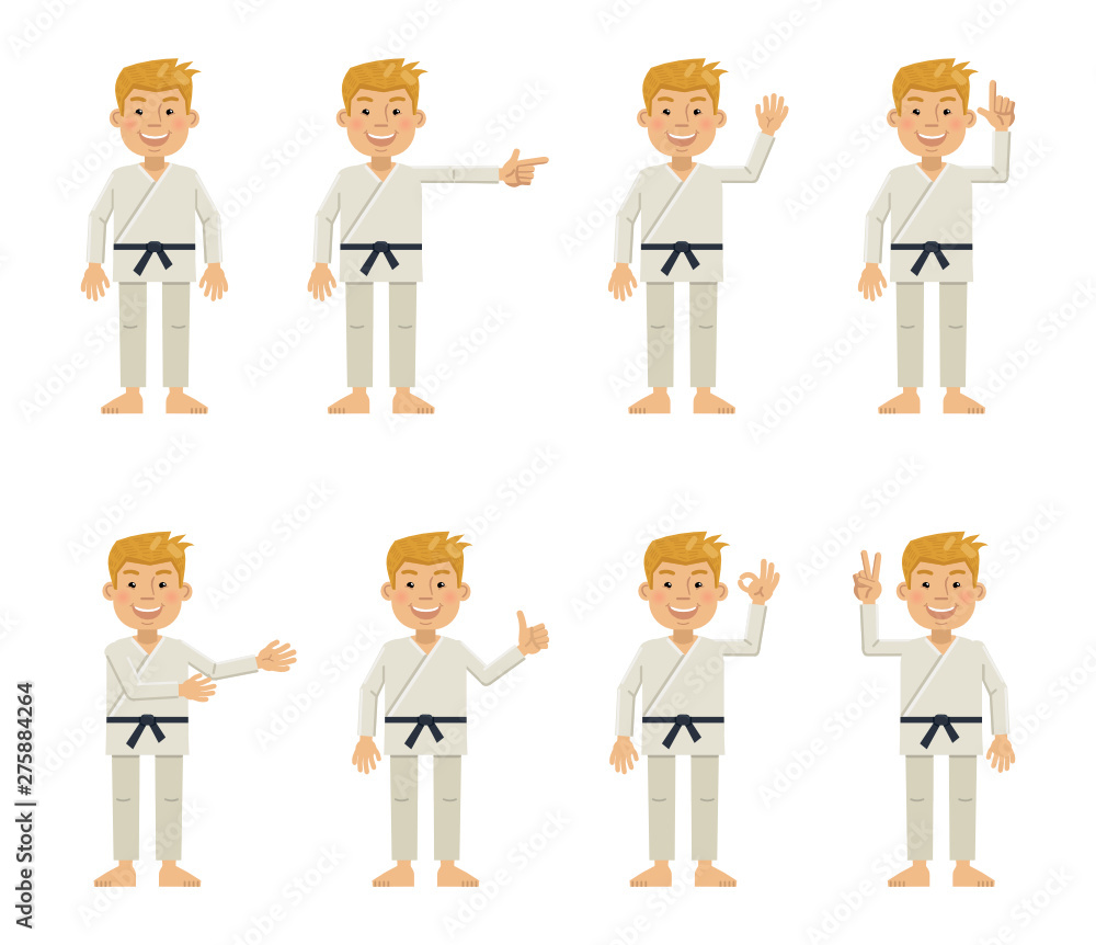 Set of karate characters showing different hand gestures. Cheerful ...
