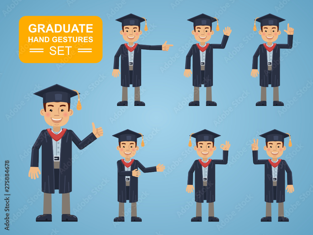 Set of graduate characters showing different hand gestures. Cheerful ...