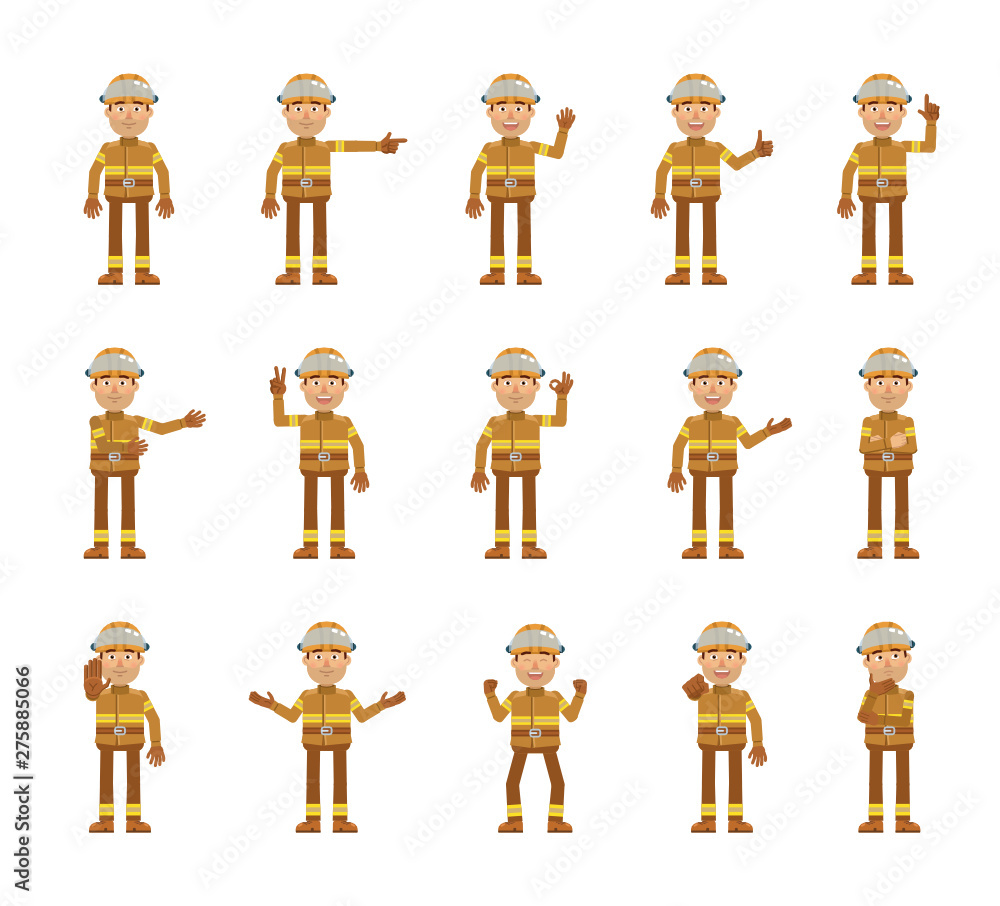 Big set of firefighter characters showing different hand gestures ...