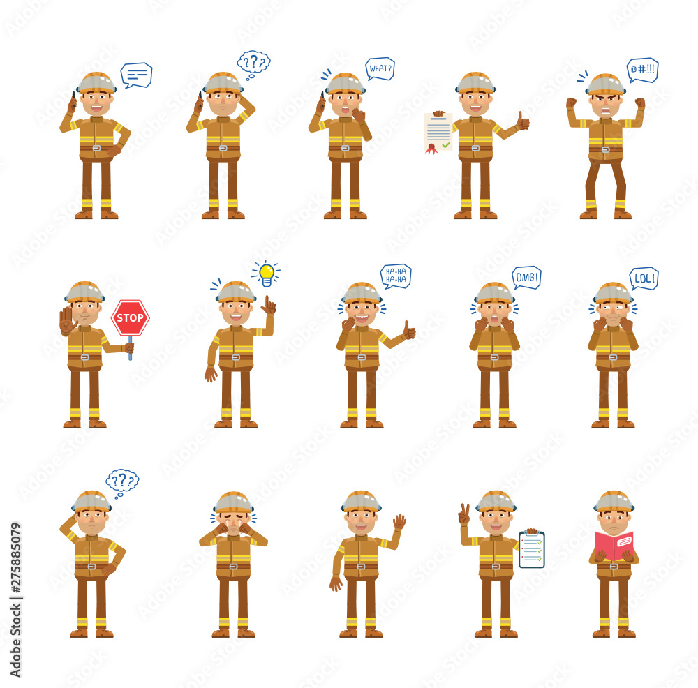Vetor de Big set of firefighter characters showing different actions ...