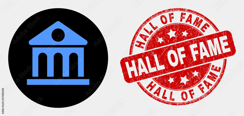 Vetor de Rounded library building icon and Hall of Fame seal. Red ...