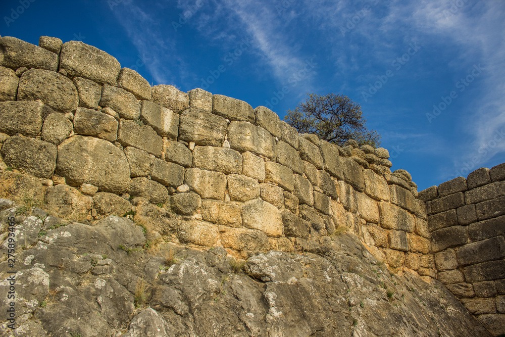 medieval ruined stone wall of destroyed highland fortress building on ...