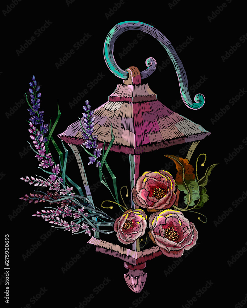 Vintage lantern, lavender and roses flowers. Spring good night ...