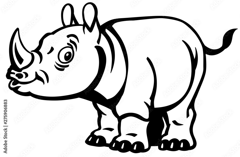 Cartoon rhino. Baby rhinoceros side view. Black and white vector ...