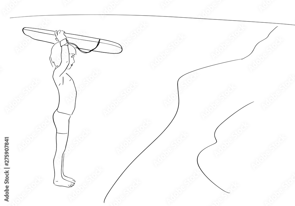 Little child with bodyboard stands on the beach by the sea. Vector ...