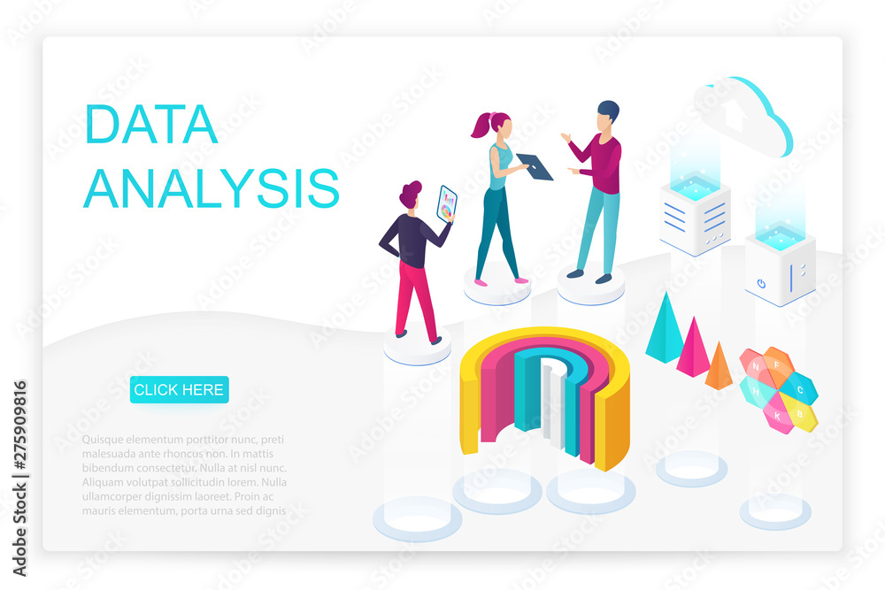 Data analysis isometric landing page vector template. Infographics ...