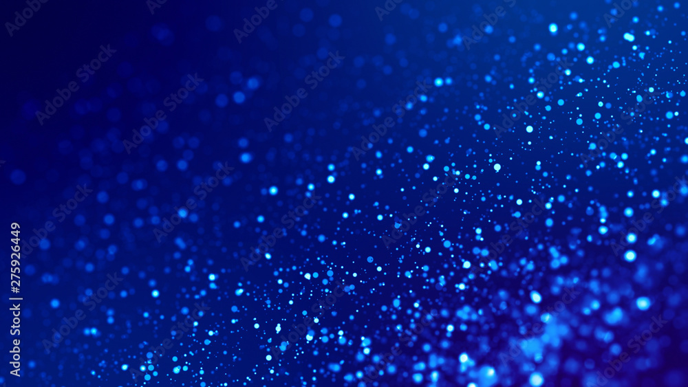 Micro world. Glow blue particles on blue background are hanging in air ...