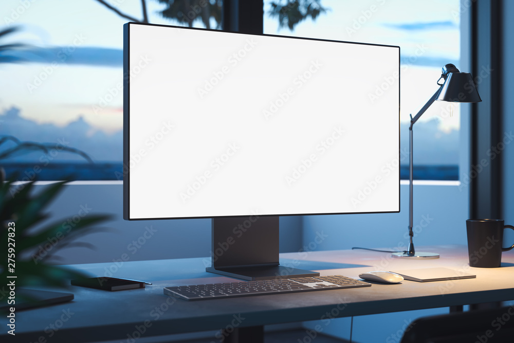 Black realistic pc with big blank white monitor with Big windows behind ...