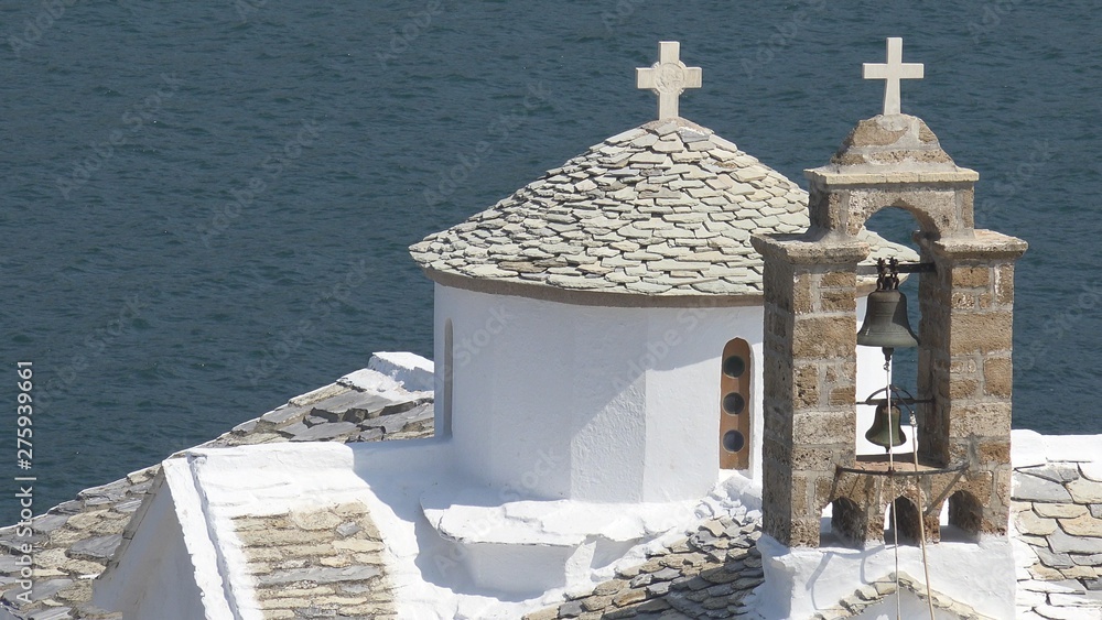 4K Amazing Skopelos monastery building rooftop, iconic view church ...
