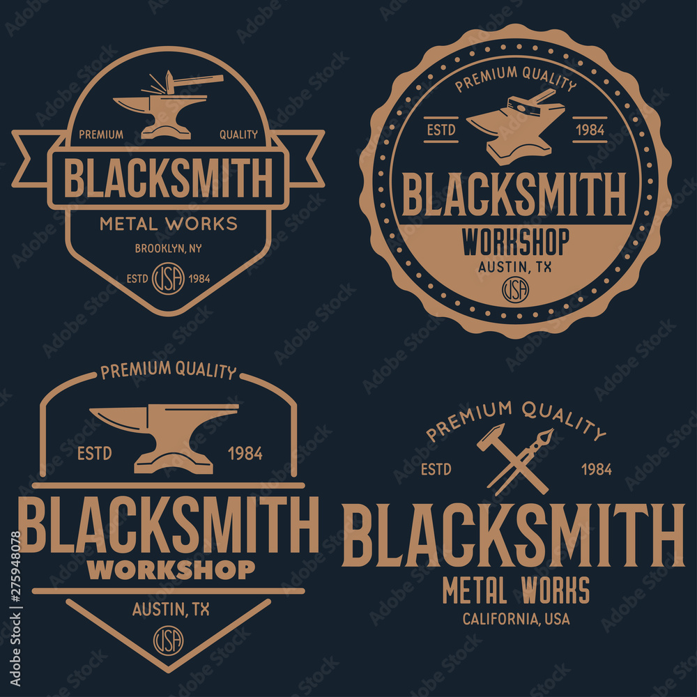 Blacksmith labels set. Design elements for metalworks service emblems ...