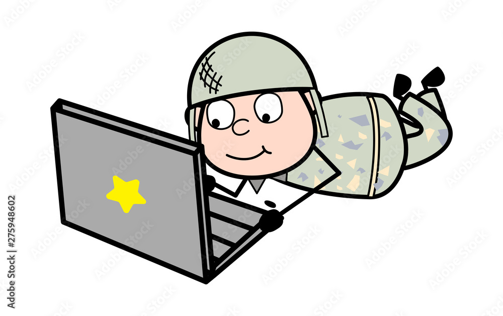 Working on Laptop - Cute Army Man Cartoon Soldier Vector Illustration ...