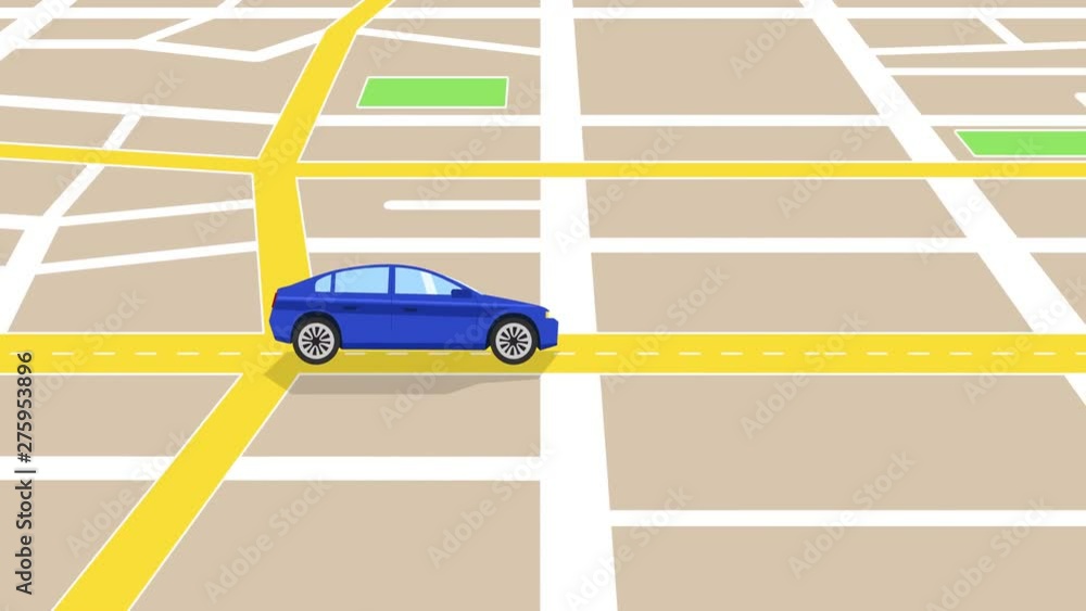 Cartoon Blue Car Ride Through the City Map with Car Repair Shop Sign ...