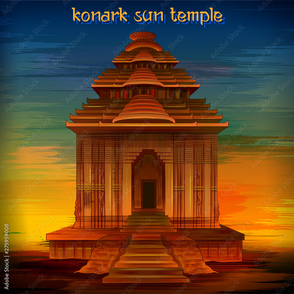 vector illustration of historical monument Konark Sun Temple in Puri ...
