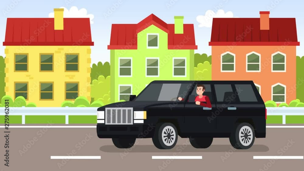 Flat cartoon isolated black off road vehicle car animation driving with ...