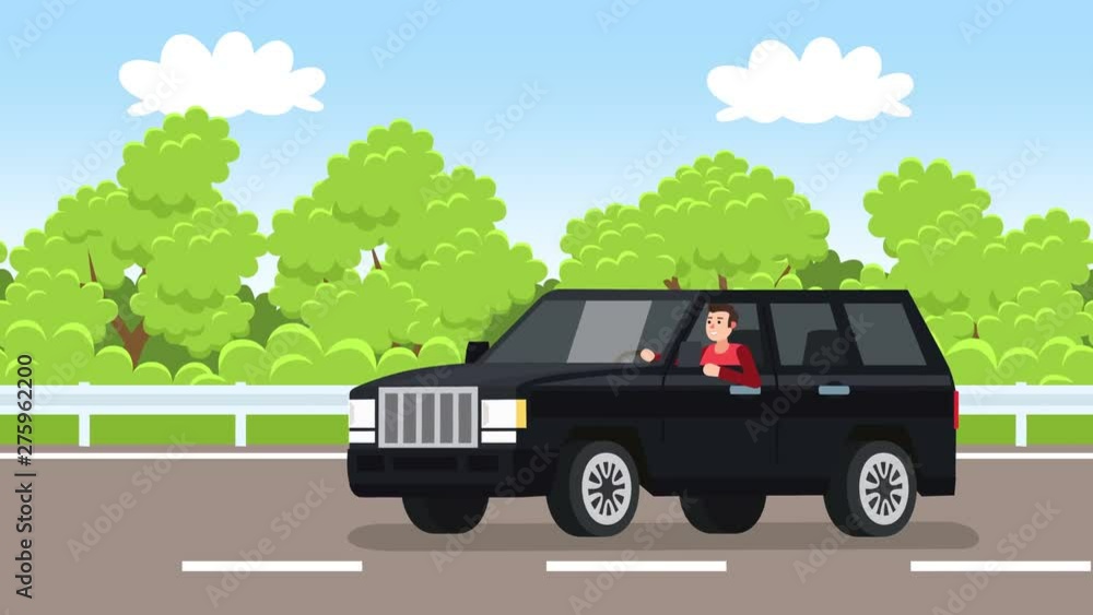 Flat cartoon isolated black off road vehicle car animation with man ...