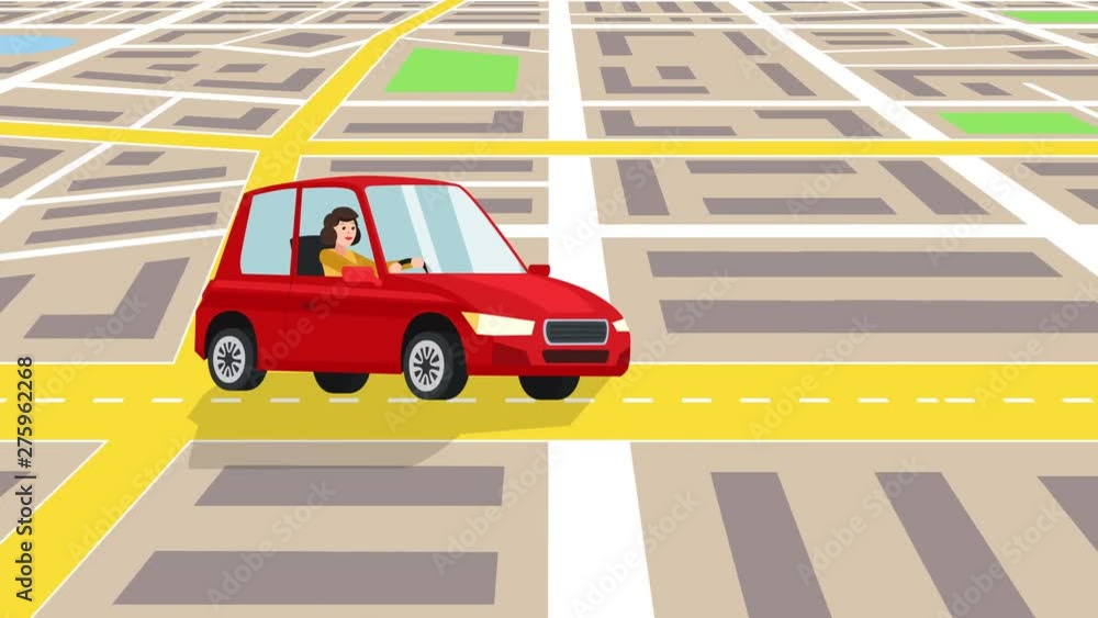 Flat Cartoon Red Car Ride Through the City Map navigation with Car ...