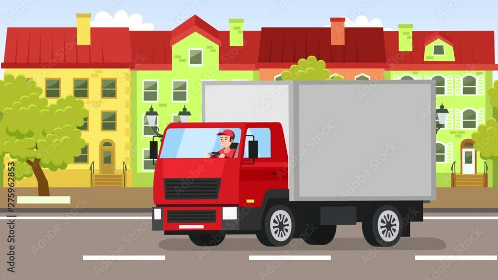 Cartoon flat red truck car with man character driver animation driving ...