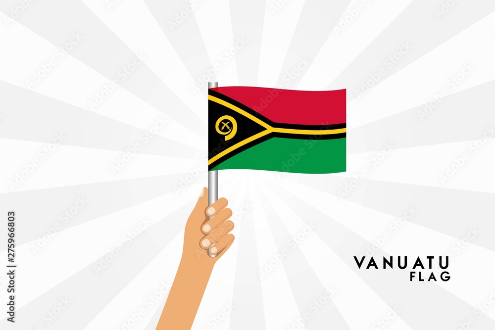 Vector cartoon illustration of human hands hold Vanuatu flag. Isolated ...