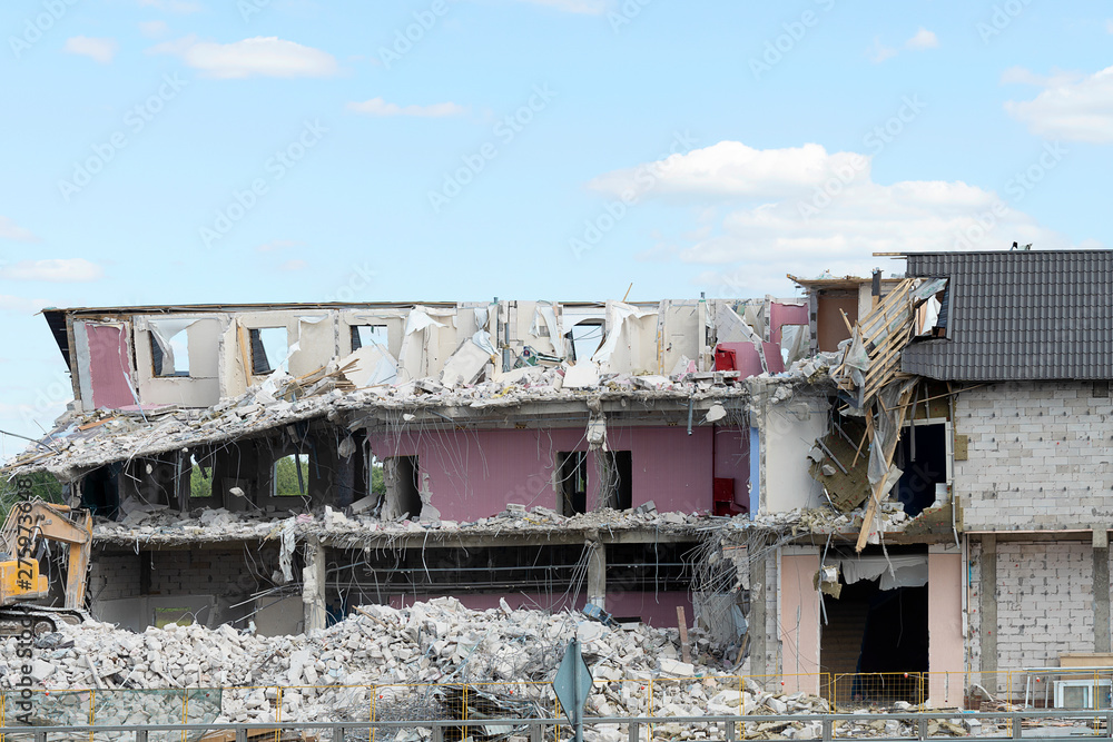 Destroyed house, broken floors, destroyed the walls and roof. An ...