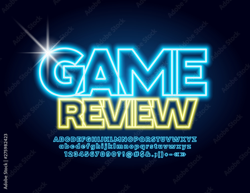Vector neon banner Game Review. Glowing modern Font. Blue light ...