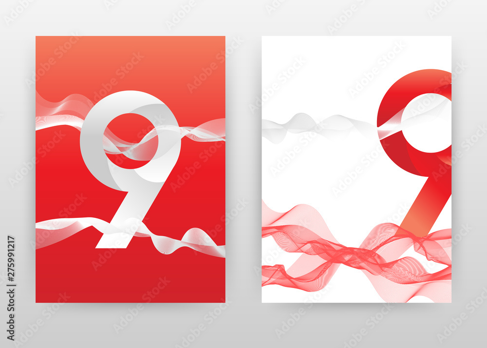 Red 9 number with red swirl waved lines design for annual report ...