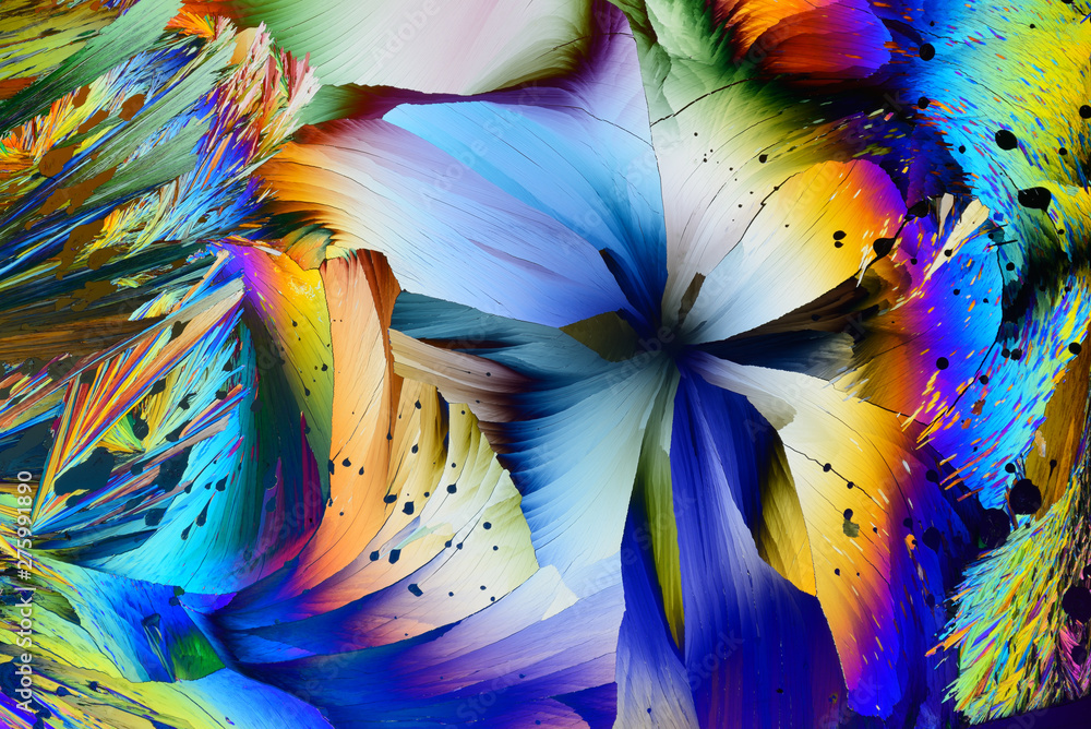 Colorful micro crystals in polarized light. Photo through a microscope ...